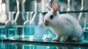 White rabbit in scientific lab experiment, Research on chemicals and test them on animals, A rabbit for experiment in laboratory