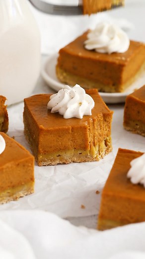 Classic pumpkin pie flavor, but easier than pie! These gluten-free pumpkin pie bars have all the warm spices you love, just made with a simple shortbread crust in a square pan for easy baking & sharing. GET THE RECIPE: https://sweetsandthankyou.com/gluten-free-pumpkin-pie-bars/ | Sweets & Thank You