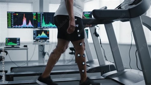 Man running on treadmill with motion capture markers in a high-tech laboratory setting viewed from the side