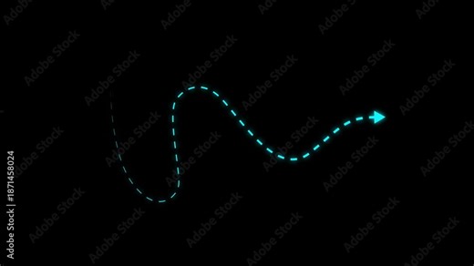 Curved Dotted Arrow Cursor Path PNG on Black Background Animated 4k Vedio, 4k Long dotted line arrow animation to indicate an object. arrow animation following wavy dotted line. target arrow icon