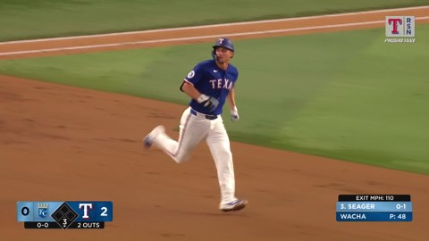 Corey Seager doubles (3) on a sharp line drive to right fielder Starling Marte.