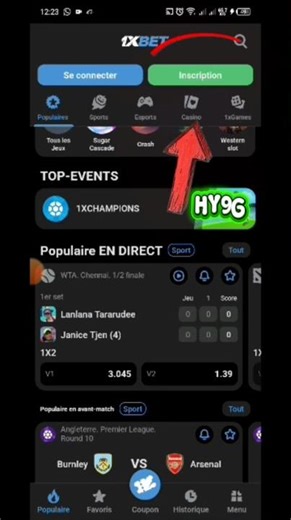 Suivez les flèches pour savoir comment s'inscrire sur 1xbet