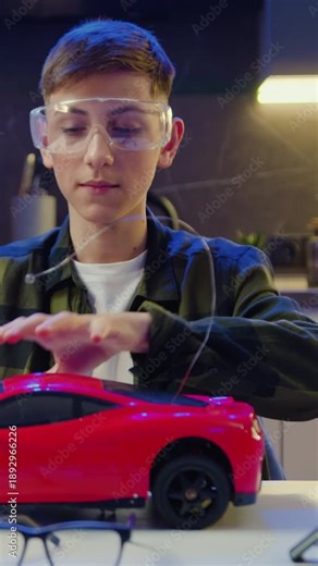 Teenage boy vlogger is recording video using smart phone about assembling and testing electric circuit building and programming car in evening at home. Slow motion.