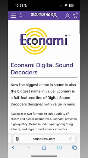 “I have steam and diesel Eocnami decoders. They are great for locos that need less functions and sound just as good as my Teunami2 decoders!” - JR. Learn more: https://soundtraxx.com/products/econami-digital-sound-decoders | SoundTraxx
