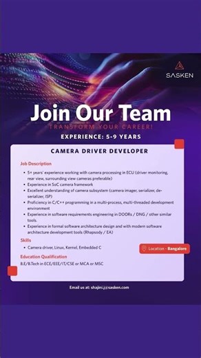 Join our Team | Drive Innovation | Camera Driver Developer (5–9 Years)