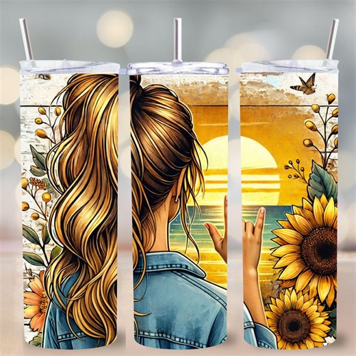 Sunflower Ocean Sunset Tumbler Wrap PNG, ASL I Love You Hand Coastal Sunflower Scene, 20oz Skinny Straight and Tapered, Digital Download - Etsy