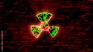Nuclear Radioactive Animation Background Uses For Nuclear Video Concept. Radiation Toxic Sign And Danger And Warning Symbol Animation On Red Background, Radioactive Warning Symbol Icon Background Anim