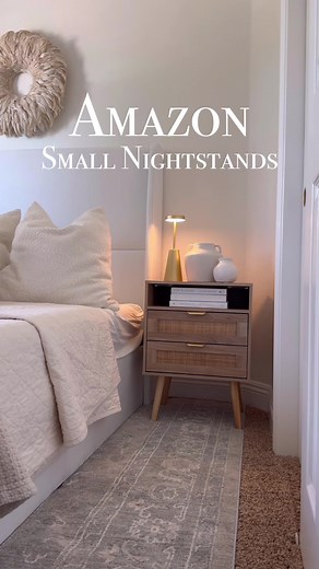 These rattan nightstands are perfect for a small bedroom, kids room, or guest room! I love the built in power strip! #rattannightstands #guestroom