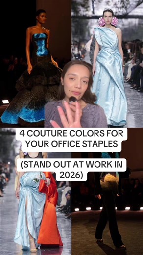 Couture runway color inspo… but for your most memorable office outfits yet. Dior, Schiaparelli, Chanel, and Armani were loving: 💙 Blue - specifically cobalt blue & powder blue 🧡 Orange - the perfect color to stand out in your work environment. Perfect for Spring & Fall. ❤️ Red - but candy red. A pop of red at work is a total boss move. 🩵 Teal - Think Tiffany, elegant, and luxurious vibes. Happy corporate styling 💫 #officeoutfit #colortheory #colortrend #trendingfashion #workwardrobe