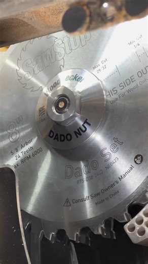🔩 Run a full dado stack—with full confidence. The Woodpeckers Dado Nut is the simple upgrade that ensures maximum safety, stability, and thread engagement when running wide dado stacks on your SawStop. • 🧵 Get full thread engagement even when using a full dado stack. • 🔄 Nut and washer combined — delivers the support of a washer without sacrificing thread contact. • 🛠️ Leave it on your saw — works just as well with standard blades, too. • 🗽 Machined & inspected in Strongsville, Ohio for pre