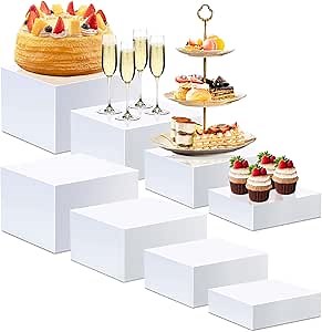 Fantasyon Buffet Risers Set of 8 Acrylic Cube Display Stands(8 PCS White Cube) Box Risers with Hollow Bottoms 4 Different Size Dessert Table Display Set Food Nesting Risers for Buffet Table