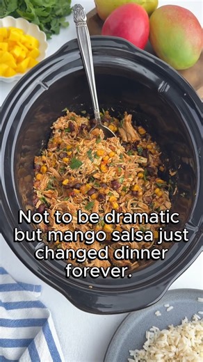 🥭🍗 Crockpot Mango Salsa Chicken is the easiest sweet spicy dinner you’ll want on repeat! Perfect for busy weeknights, meal prep, or feeding the whole family 🌮🔥 Just toss everything into the slow cooker and let it do the work! 🙌 ✨ Ingredients You Need: • 3 boneless skinless chicken breasts • 1 tsp ground cumin • 1 tsp chili powder • 1 tsp paprika • 2 tsp minced garlic • ½ tsp salt • ½ tsp pepper • 1 jar mango peach salsa (15 oz) • 1 can black beans (drained rinsed) • 1 cup corn • Juice of 1 