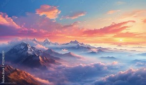 A view of the sea of clouds seen from the mountain. Cartoon and anime vector painting illustration hand drawn style. Looping video 4k with animation background.