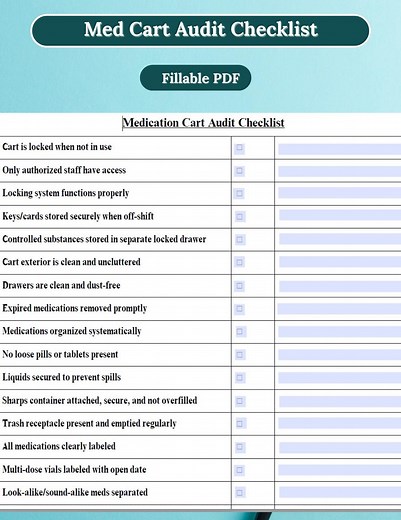 Medication Cart Audit Checklist, Fillable PDF, Nursing Form, LTC, Hospice, Compliance Documentation, Template, Retirement Home Compliance - Etsy