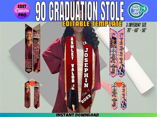 Graduation Stole Grad Sash Canva Editable Template Bundle Custom Stole Designs Size 70-60-50