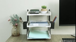 MyGift Shabby Whitewashed Wood Desktop Document Paper Tray with Black Metal Frame, 3-Tier Desk Filing Folder Organizer Rack Stand with Pen and Pencil Cup Holders