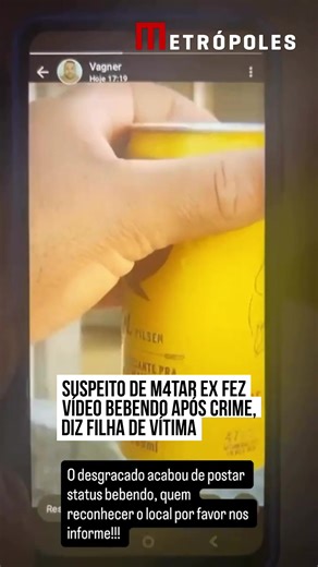 O principal suspeito de m4tar #SimonePereira de Oliveira, de 44 anos, a facadas, no meio de uma rua em #Osasco, na Grande #SãoPaulo, gravou um vídeo com uma cerveja na mão menos de 24 horas depois do crime. A informação foi divulgada pela filha da vítima nas redes sociais. O vídeo foi publicado no perfil de Vagner dos Santos e repostado pela filha de Simone, Francielly Rebelo. Na imagem, é possível ver ele filmando a mão, segurando uma lata de cerveja. O rosto de Vagner não aparece. A gravação r