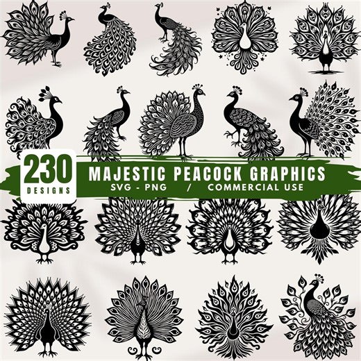 230 Majestic Peacock Graphics Bundles SVG Elegant Feather Art for Cricut Laser Instant Downloads - Etsy