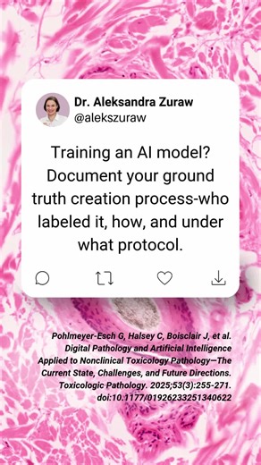 GLP requires more than model performance. Your annotations are part of the validation trail. Define the process, document the expertise, and preserve the traceability. #DigitalPathology #AIinPathology #ModelValidation #DataTraceability ---------------------------------------------------------------------- Source: Pohlmeyer-Esch G, Halsey C, Boisclair J, et al. Digital Pathology and Artificial Intelligence Applied to Nonclinical Toxicology Pathology -”The Current State, Challenges, and Future Dir