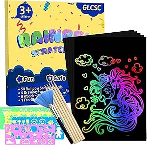GLCSC 60 Pcs Scratch Art for Kids, Rainbow Scratch Paper, Black Magic Scratch Off Craft Set for 3 4 5 6 7 8 9 10 Years Old Girls and Boys Kids, Party Games Christmas Birthday Easter Gifts