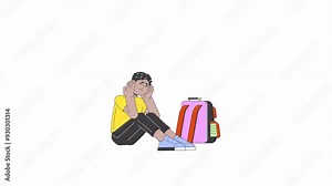 Depressed indian child near backpack line 2D character animation. Preteen sad asian boy flat color cartoon 4K video, alpha channel. Holding head frustrated kid animated person on white background