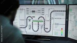 Factory computer operating the automated machinery on the conveyor line. Computer system managing the automated machinery at the plant. Computer program manipulating automated production machinery.
