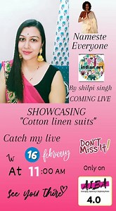 Namaste 🙏 My AIBA family. Hope you all are fine. My name is SHILPI SINGH and my label is INDIAN ART CONNECTIVITY. Today I am going to showcase a beautiful collection of cotton linen handblocked suits. So do join. See you all 😊 For booking take a screenshot and share that on my whatsapp number.7000761451 or click on the link http://Wa.me/ 917000761451 COD 🚫 RETURN/REFUND 🚫 PAYTM ✅ PHONE PE ✅ GPAY✅ BANK TRANSFER ✅ 🔅No return/ exchange or refunds accepted 🔅Only prepaid orders are accepted 🔅 