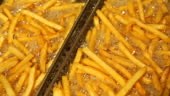 A large quantity of fast food french fries are cooking in a deep...