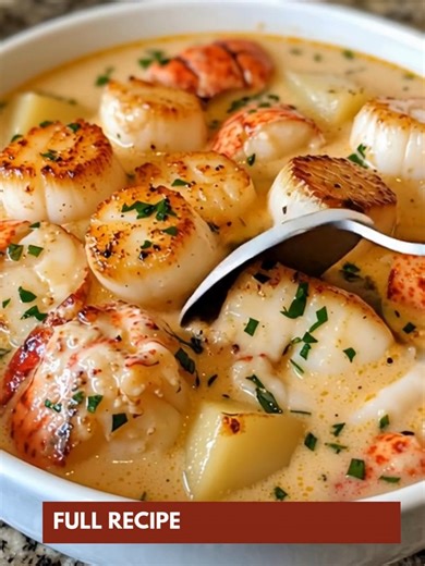 Creamy Seafood Chowder with Scallops & Lobster 🥣🦞 Rich, cozy indulgence for the best comfort food dinner. 📝 Ingredients : 1 lb sea scallops (for that golden restaurant-style seafood vibe) 1 lobster tail, cooked & chopped (adds luxe seafood chowder recipe energy) 2 tbsp butter 1 tbsp olive oil 1 small onion, finely diced 2 garlic cloves, minced 2 medium Yukon gold potatoes, diced 3 cups seafood or chicken broth 1 cup heavy cream (for that ultra creamy chowder finish) ½ cup whole milk ½ tsp smo