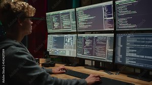 Young Caucasian Man Writing Code on Professional Six Monitors Setup in Dark Office. Male Cyber Security Expert Controlling Digital Data Protection System in International Intelligence Agency. Zoom Out