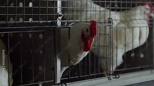Funny chicken animal poking its head out of the metal cage at a farming facility. Farming funny chickens for organic eggs production. Funny farmed chickens looking outside the cage.