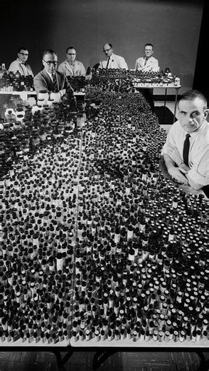 Rose In History on Instagram: "In 1963, a photo showed Polaroid’s chief chemist Howard G. Rogers standing proudly with his team, surrounded by 5,000 bottles of chemical compounds. Each bottle represented a different formula tested during their search for the perfect mix to make instant color photographs possible. For years, Rogers and his team worked in Polaroid’s lab, experimenting with thousands of dyes and chemicals. Their goal was to create a film that could develop color pictures in minutes