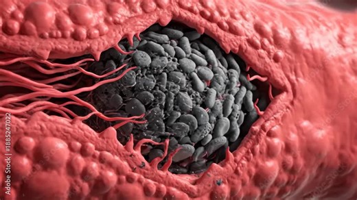 Detailed animation of a blood clot forming inside an artery, illustrating platelet aggregation and fibrin mesh.