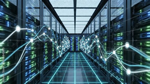 Abstract data center with servers and fiber optics network connection