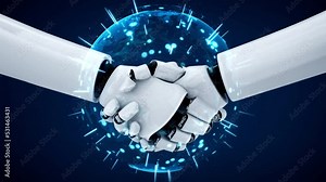 3D rendering hominoid robot handshake to collaborate future technology development by AI thinking brain, artificial intelligence and machine learning process for 4th industrial revolution. Stock Video