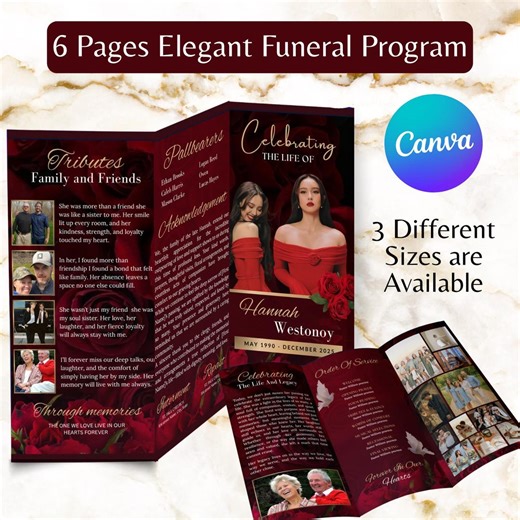 Trifold Red Roses Funeral Program Template, Canva Editable Celebration of Life Obituary Program, Memorial Service, in Loving Memory Funeral - Etsy