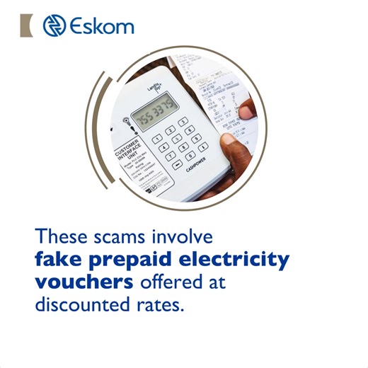 ⚠️ Beware of Electricity Scams Fraudsters are selling fake prepaid electricity vouchers at "discounted" rates. Customers pay but receive nothing in return! Don’t fall victim to these scams. Always buy electricity from trusted vendors. #NoDiscountElectricityVouchers | Eskom Hld SOC Ltd