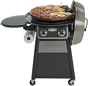 Cuisinart 360° Griddle Outdoor Cooking Center, 22” Round Flat Top Grill with Stainless Steel Vented Lid, Folding Prep Table, 30,000 BTU Burners, Grease Management, Gas Grill Perfect for BBQ, Cookouts