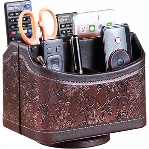 Mgkitch PU Leather Remote Control Holder,360° Spinning Desk TV Remote Caddy/Tray/Shelf,Nightstand Storage Box Organizer for Pen,Controller,Media Play,Home and Office supplies