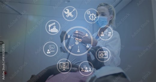 Clinician lifting patient leg and palpating knee during medical exam, gears forming ring over knee