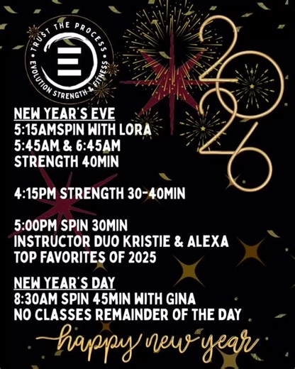 Our New Year’s Eve and Day class schedule. Ring in the New Year with us and still have time to enjoy your evening. We have a special evening workout and duo instructor led spin class to kick start your evening festivities. Book now and let’s welcome in 2026 🌟 | Evolution Strength & Fitness