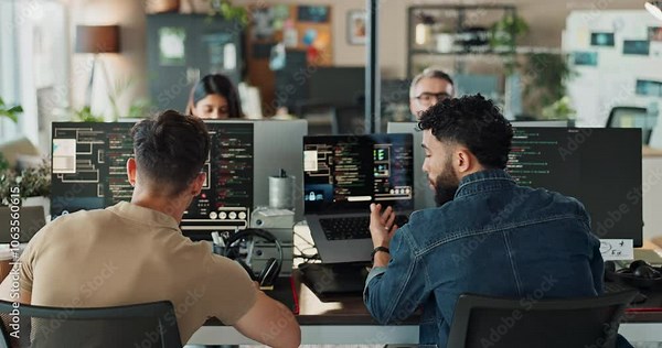 Office, man and training on computer for coding with teamwork and collaboration as software engineer. Support, employees and people with learning for programming, innovation for system update