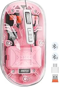 MEETION Rechargeable Wireless Mouse, Multi Device Transparent Bluetooth Mouse, Slim Mouse with USB Receiver, 4 Adjustable DPI Small Mouse Silent Click for PC, Laptop, Notebook, Mac, iPad - Pink