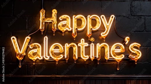 Fading sign reading Happy Valentine's casting amber glow on tile wall from power dip, visible cord