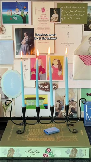 The mood board, the candles, the candle holder, the colors! The joy in the whimsy is real #whimsy #romanticizeyourlife #softliving #whimsicalaesthetic #whimsical