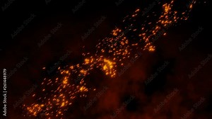Burning hot bonfire fire sparks on a dark background. Cartoon fire Animation. Raging Cartoon Campfire Flames.Particles over black background.Flying Embers from fire.