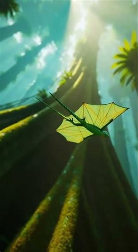 The Emerald Glider Lizard A green lizard with wing like membranes, leaping and gliding between giant