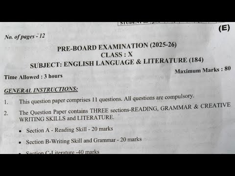 Class 10 english pre board exam paper 2025-26 / english question paper class 10 / cbse