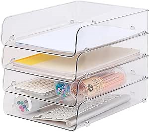 Gagee 4 Pack Paper Organizer for Desk,Clear Stackable Paper Sray Holder, Office Desk Organizer for Notes, Pens, File, Document