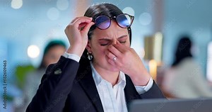 Business woman, headache and glasses on computer for editing report, online mistake or office problem solving. Editor with night stress, tired or eyes pain on laptop, reading website post or article